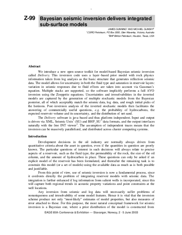 (PDF) Bayesian Seismic Inversion Delivers Integrated Sub-Surface Models