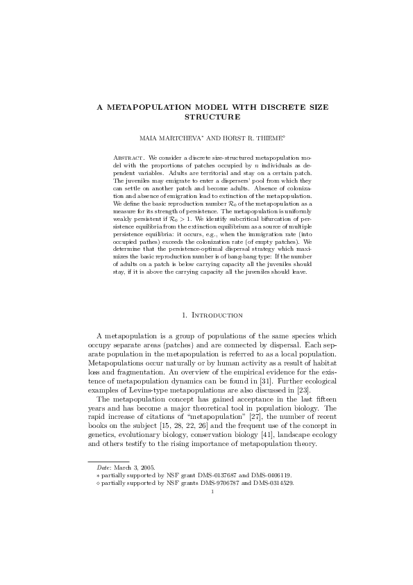 (PDF) A Metapopulation Model with Discrete Size Structure