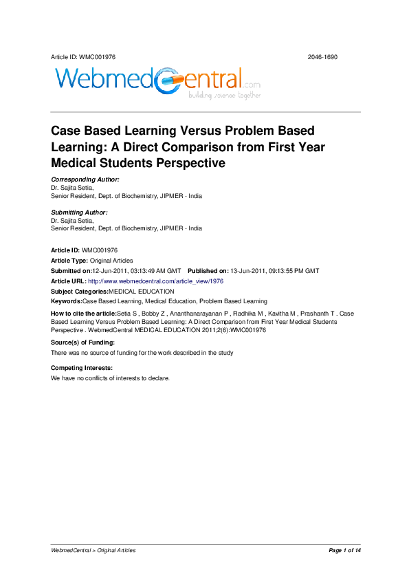 (PDF) Case Based Learning Versus Problem Based Learning: A Direct ...