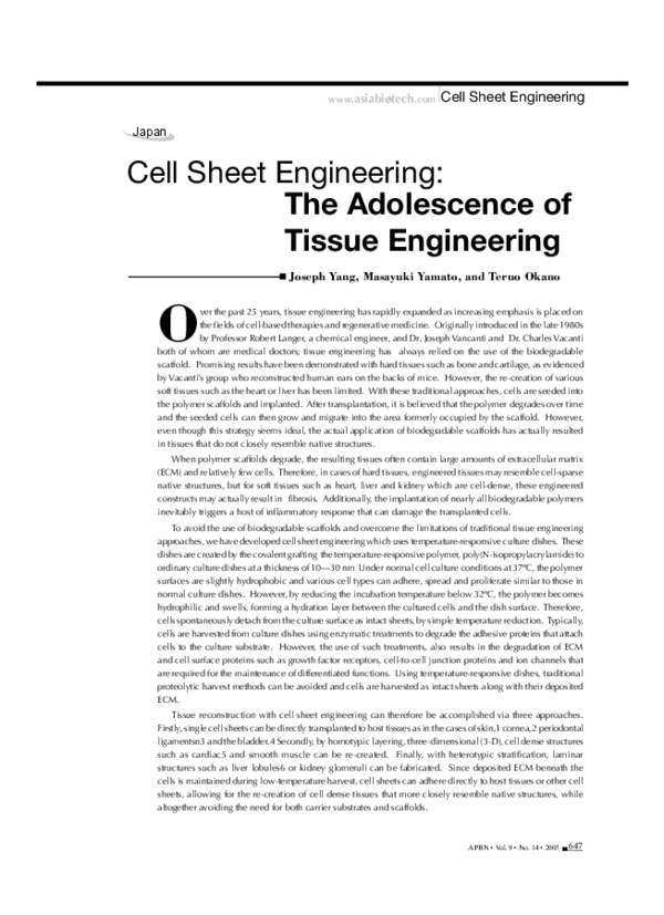 (PDF) The Adolescence of Tissue Engineering Cell Sheet Engineering