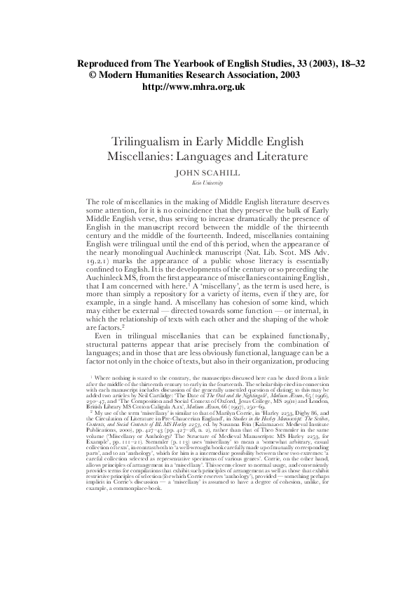 (PDF) Trilingualism in Early Middle English Miscellanies: Languages and ...