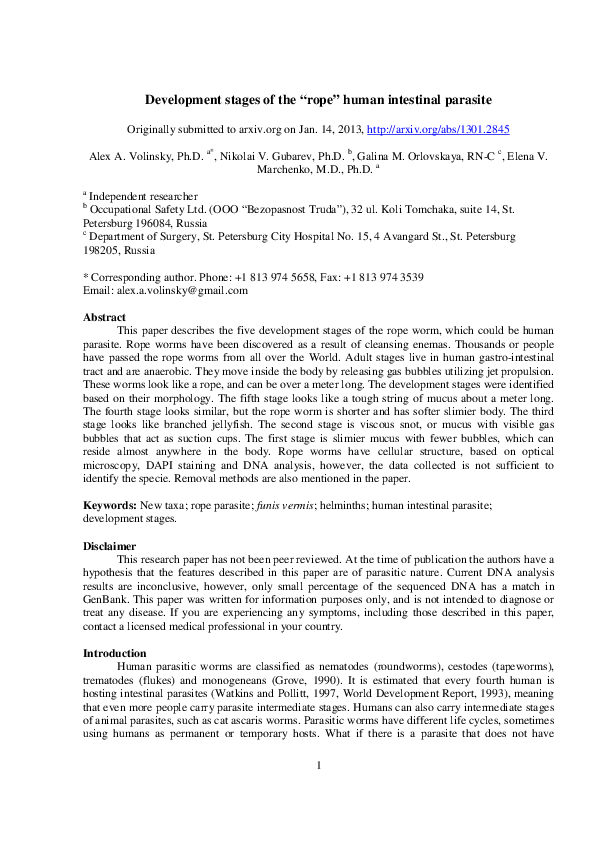 (PDF) Development stages of the "rope" human intestinal parasite