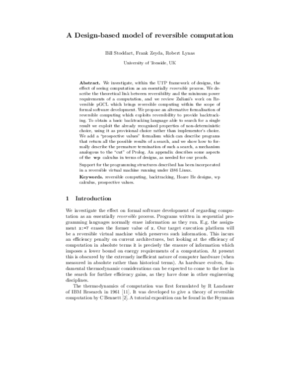 Pdf A Design Based Model Of Reversible Computation
