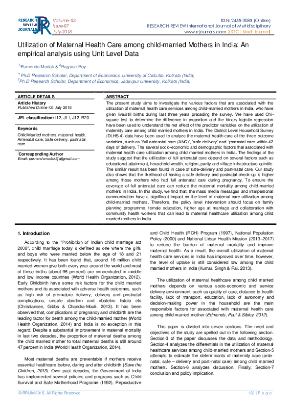 (PDF) Utilization Of Maternal Health Care Among Child-Married Mothers ...
