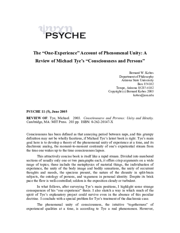 (PDF) The “ One-Experience ” Account of Phenomenal Unity : A Review of ...