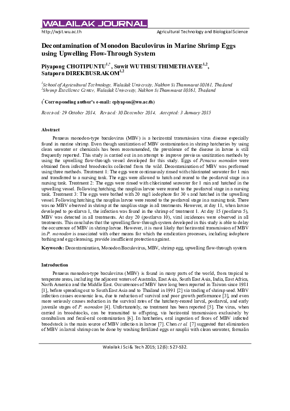 (PDF) Decontamination of Monodon Baculovirus in Marine Shrimp Eggs