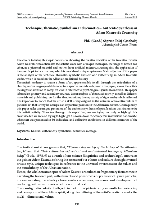 (PDF) Technique, Thematic, Symbolism and Semiotics-Authentic Synthesis in Adem Kastrati's Creativity