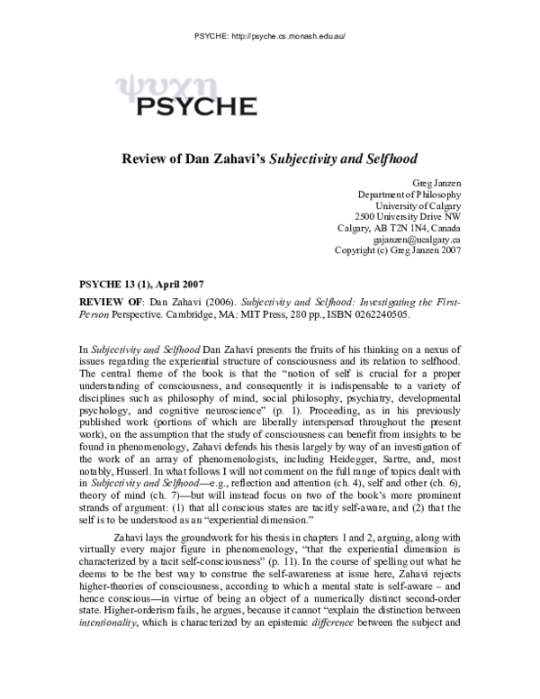 (PDF) Review of Dan Zahavi ’ s Subjectivity and Selfhood