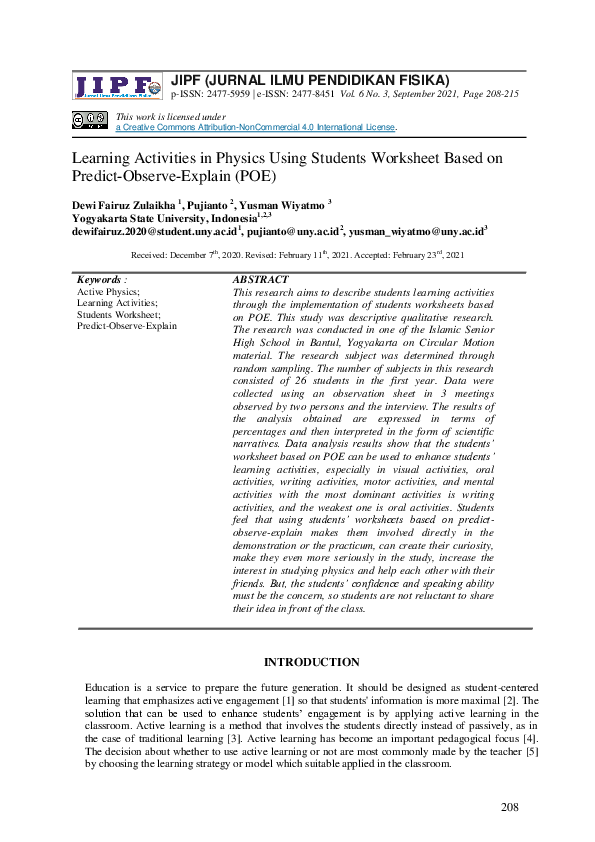 (PDF) Learning Activities in Physics Using Students Worksheet Based on Predict-Observe-Explain (POE)