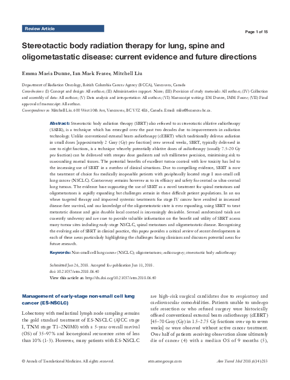 (PDF) Stereotactic body radiation therapy for lung, spine and oligometastatic disease: current ...