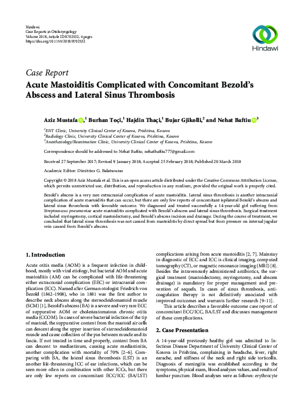 (PDF) Acute Mastoiditis Complicated with Concomitant Bezold's Abscess ...