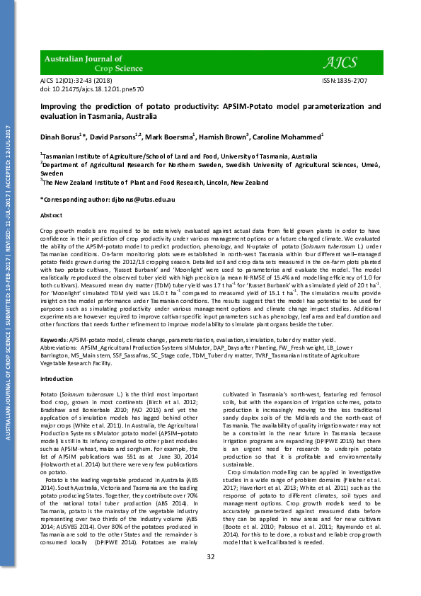 (PDF) Improving the prediction of potato productivity: APSIM-Potato model parameterization and ...