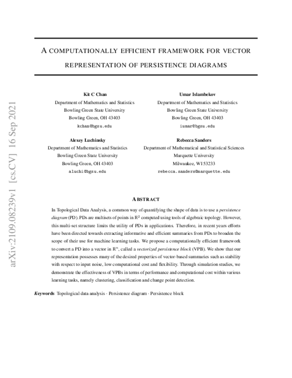 Pdf A Computationally Efficient Framework For Vector Representation Of Persistence Diagrams