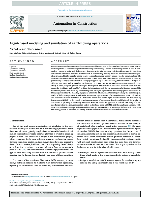 (PDF) Agent-Based Modeling and Simulation of Earthmoving Operations