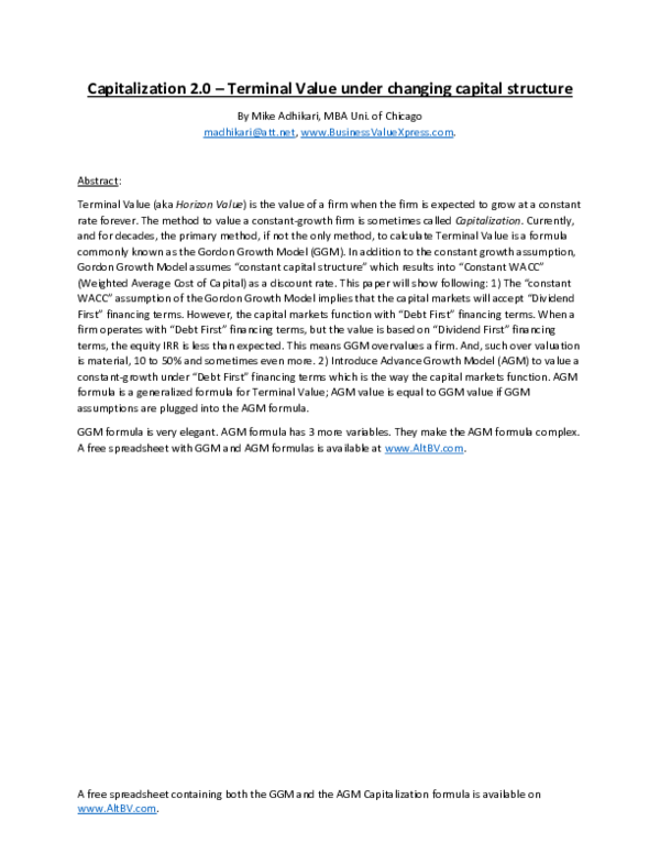 (PDF) Capitalization 2.0 – Terminal Value Under Changing Capital Structure