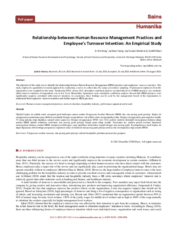 (PDF) Relationship between Human Resource Management Practices and Employee’s Turnover Intention ...