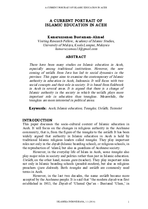 (PDF) A Current Portrait of Islamic Education in Aceh | Ahmad
