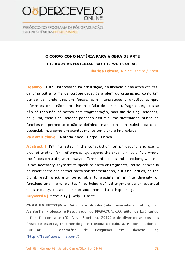 (PDF) O Corpo Como Matéria Para a Obra De Arte the Body as Material for ...