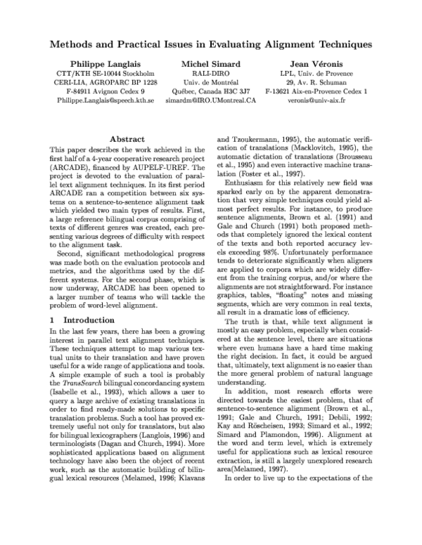 Pdf Methods And Practical Issues In Evaluating Alignment Techniques