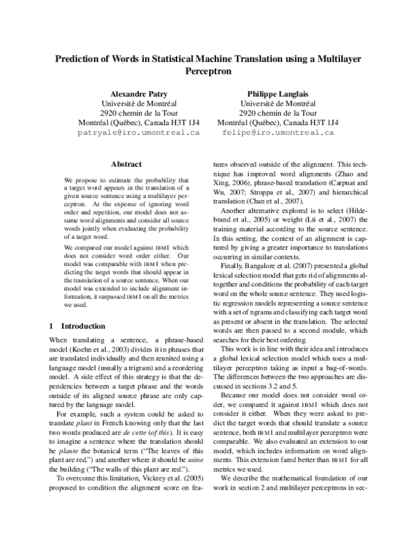 Pdf Prediction Of Words In Statistical Machine Translation Using A Multilayer Perceptron