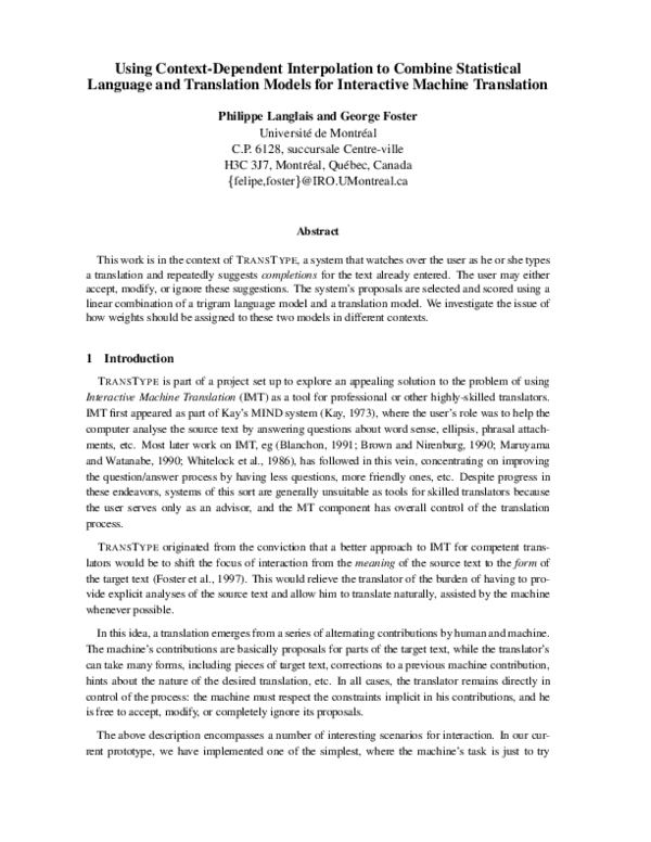 Pdf Using Context Dependent Interpolation To Combine Statistical Language And Translation