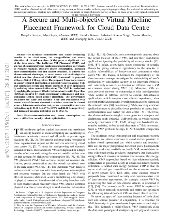 Pdf A Secure And Multiobjective Virtual Machine Placement Framework For Cloud Data Center