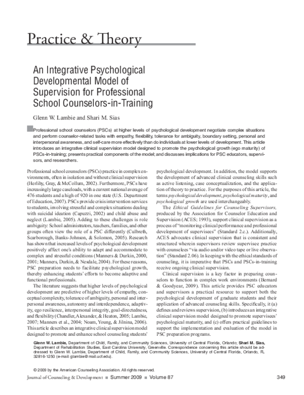 (PDF) An Integrative Psychological Developmental Model of Supervision ...