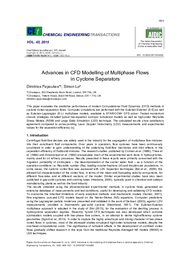 (PDF) Advances in CFD Modelling of Multiphase Flows in Cyclone Separators