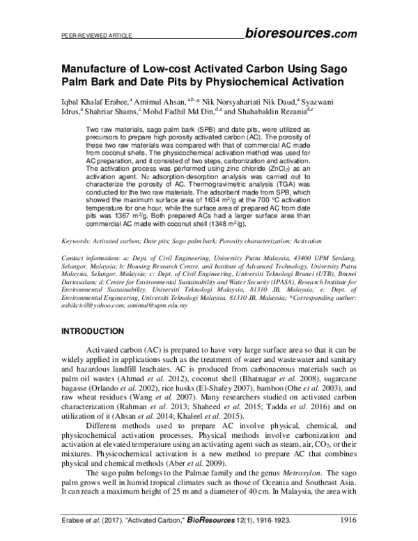 (PDF) Manufacture of Low-cost Activated Carbon Using Sago Palm Bark and Date Pits by ...