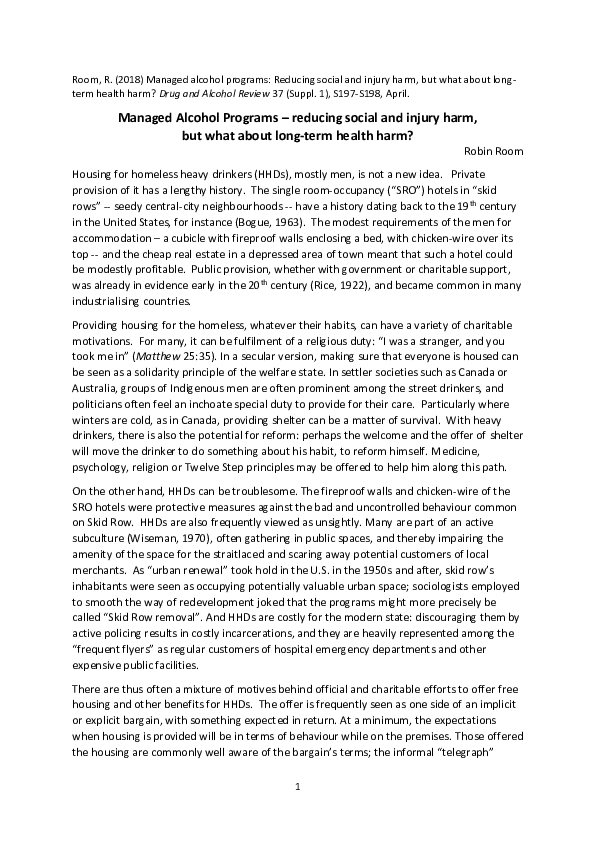 (PDF) Managed alcohol programs: Reducing social and injury harm, but ...