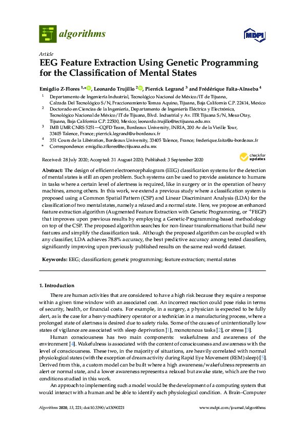 Pdf Eeg Feature Extraction Using Genetic Programming For The Classification Of Mental States