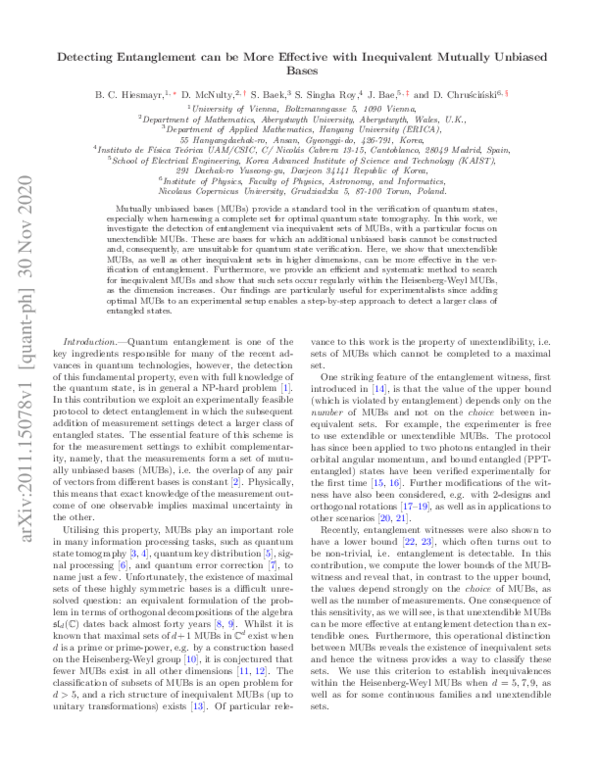 (PDF) Detecting Entanglement can be More Effective with Inequivalent Mutually Unbiased Bases