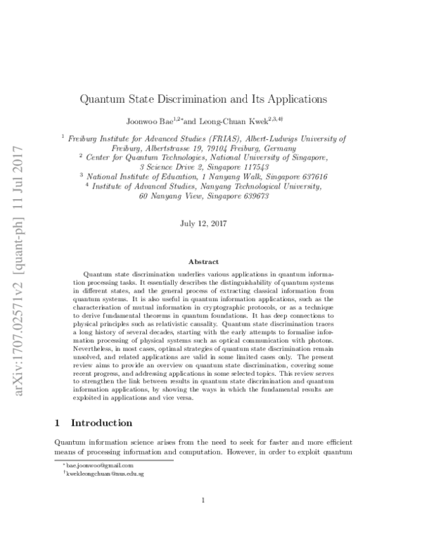 (PDF) Quantum state discrimination and its applications