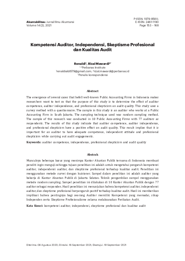 (PDF) Kompetensi Auditor, Independensi, Skeptisme Profesional dan ...
