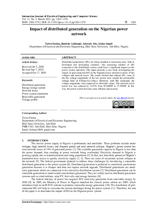 Pdf Impact Of Distributed Generation On The Nigerian Power Network