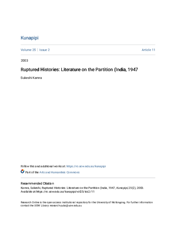 (PDF) Ruptured Histories: Literature on the Partition (India, 1947