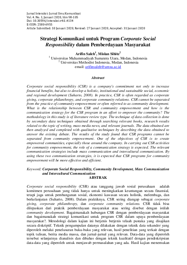 Pdf Strategi Komunikasi Untuk Program Corporate Social Responsibility