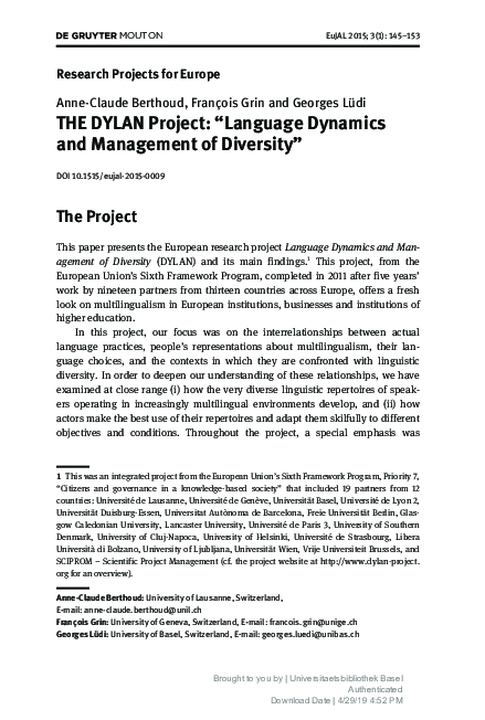 (PDF) THE DYLAN Project: “Language Dynamics and Management of Diversity”