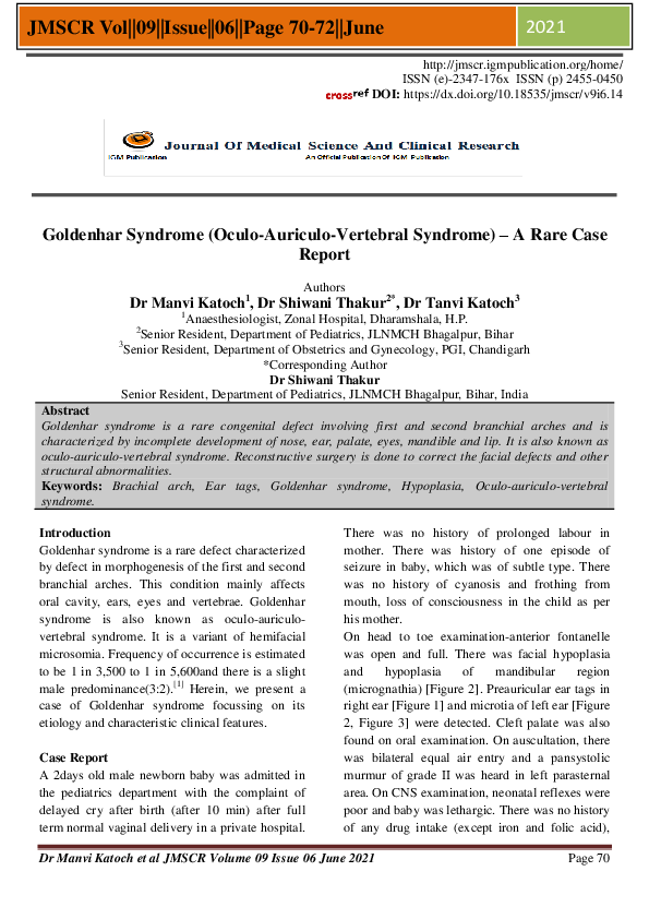(PDF) Goldenhar Syndrome (Oculo-Auriculo-Vertebral Syndrome) – A Rare Case Report