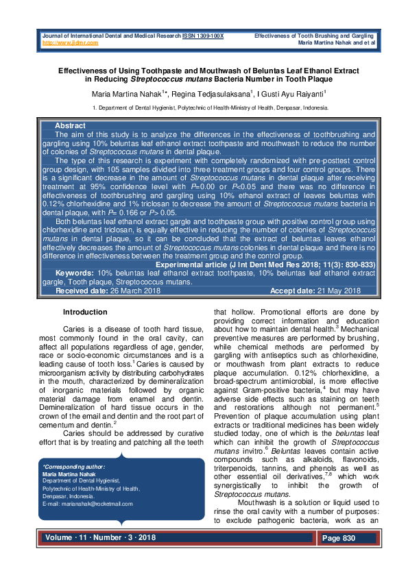 (PDF) Effectiveness of Using Toothpaste and Mouthwash of Beluntas Leaf ...