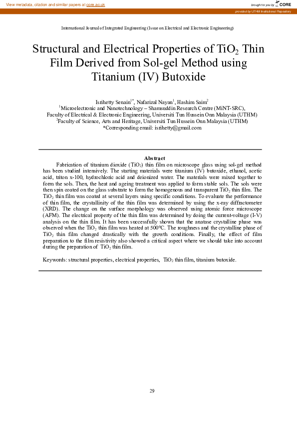 (PDF) Structural and Electrical Properties of TiO2 Thin Film Derived from Sol-gel Method using ...