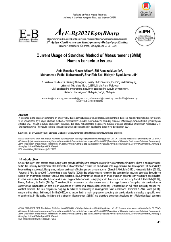(PDF) Current Usage of Standard Method of Measurement (SMM): Human ...