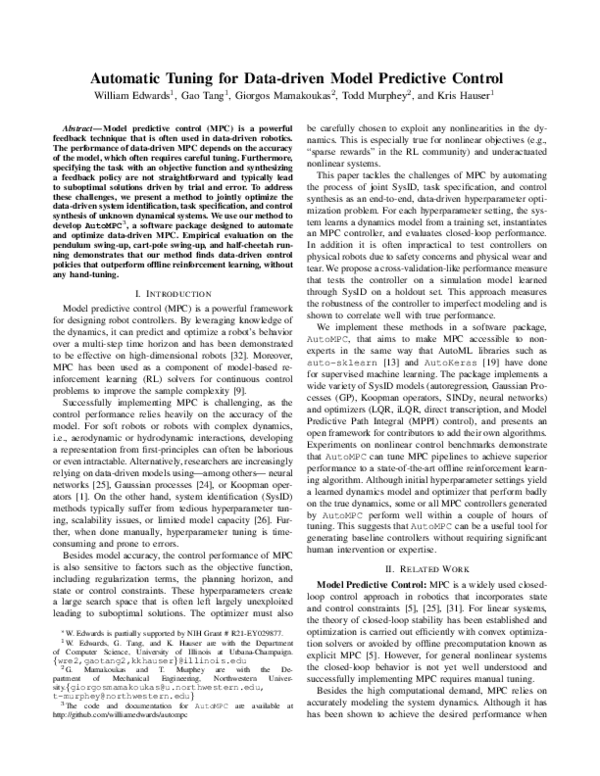 Pdf Automatic Tuning For Data Driven Model Predictive Control