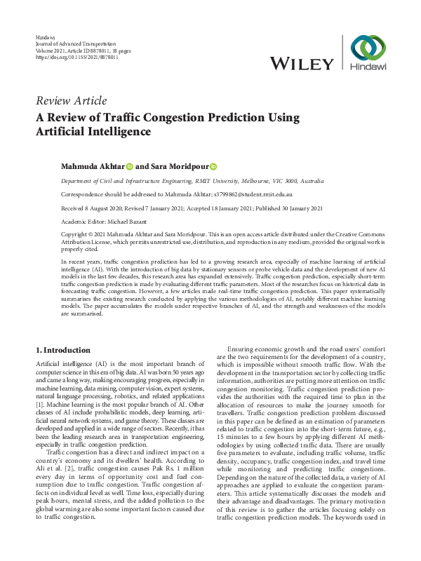 Pdf A Review Of Traffic Congestion Prediction Using Artificial Intelligence
