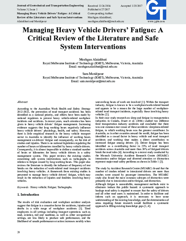(PDF) Managing heavy vehicle drivers' fatigue: A critical review of the ...