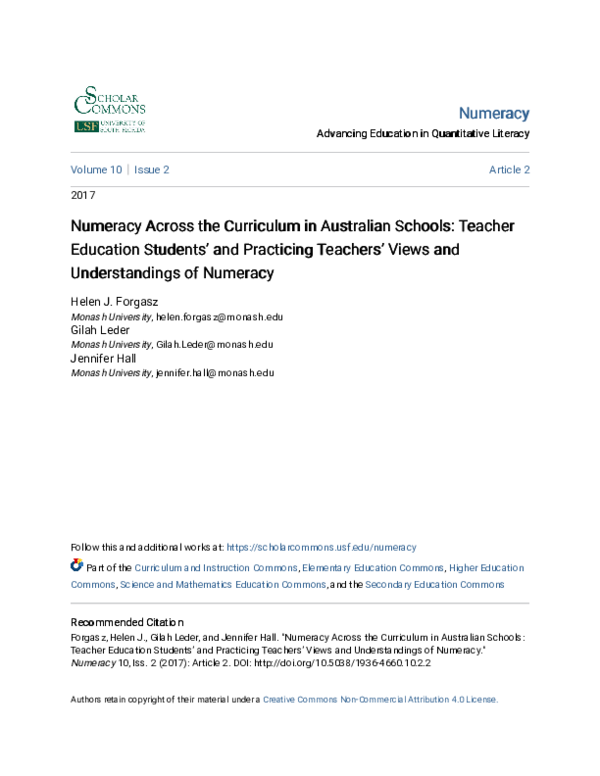 (PDF) Numeracy Across the Curriculum in Australian Schools: Teacher ...