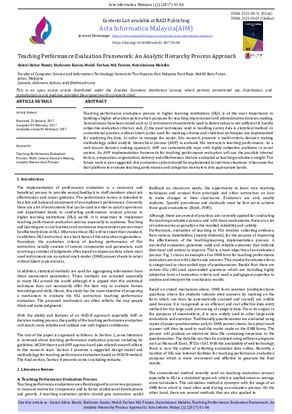 (PDF) Teaching Performance Evaluation Framework: An Analytic Hierarchy Process Approach