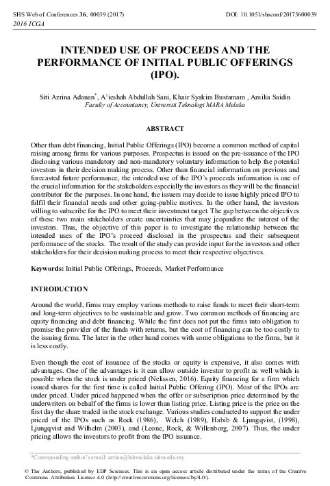 (PDF) Intended Use of Proceeds and the Performance of Initial Public ...