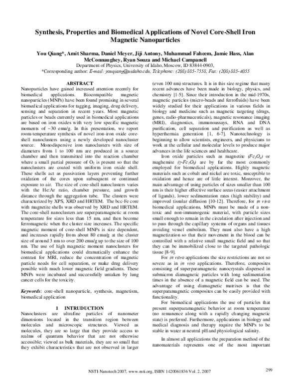 Pdf Synthesis Properties And Biomedical Applications Of Novel Core Shell Iron Magnetic