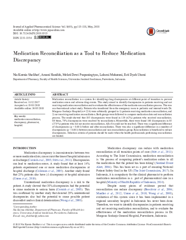 (PDF) Medication Reconciliation as a Tool to Reduce Medication Discrepancy